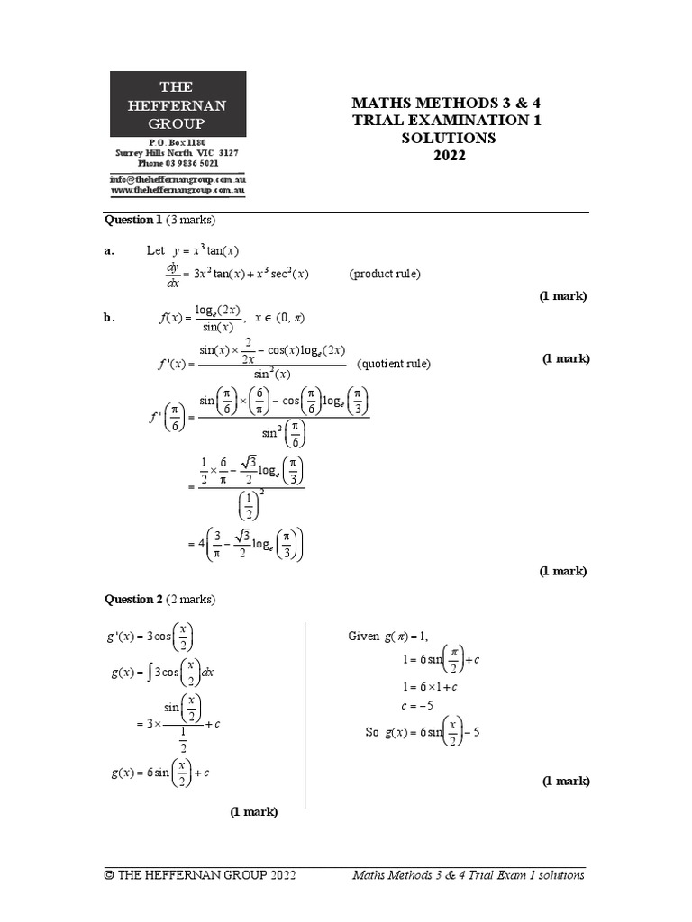 2022 Maths Methods Units 3 4 Exam 1 Solutions | PDF