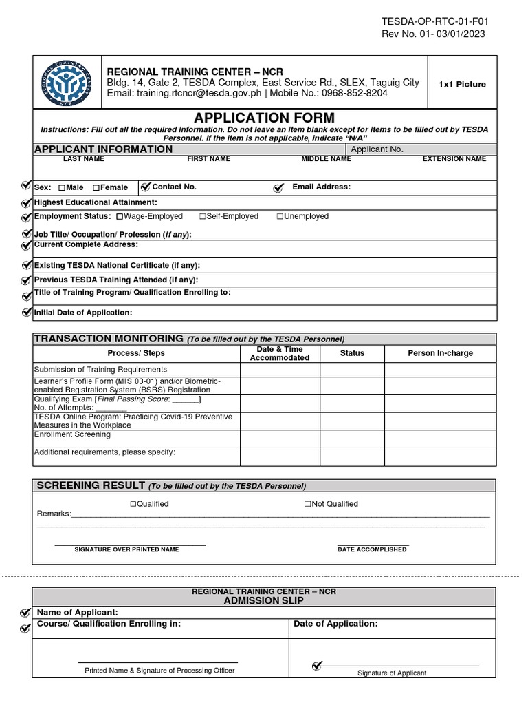 TESDA OP RTC 01 F01 Application Form | PDF