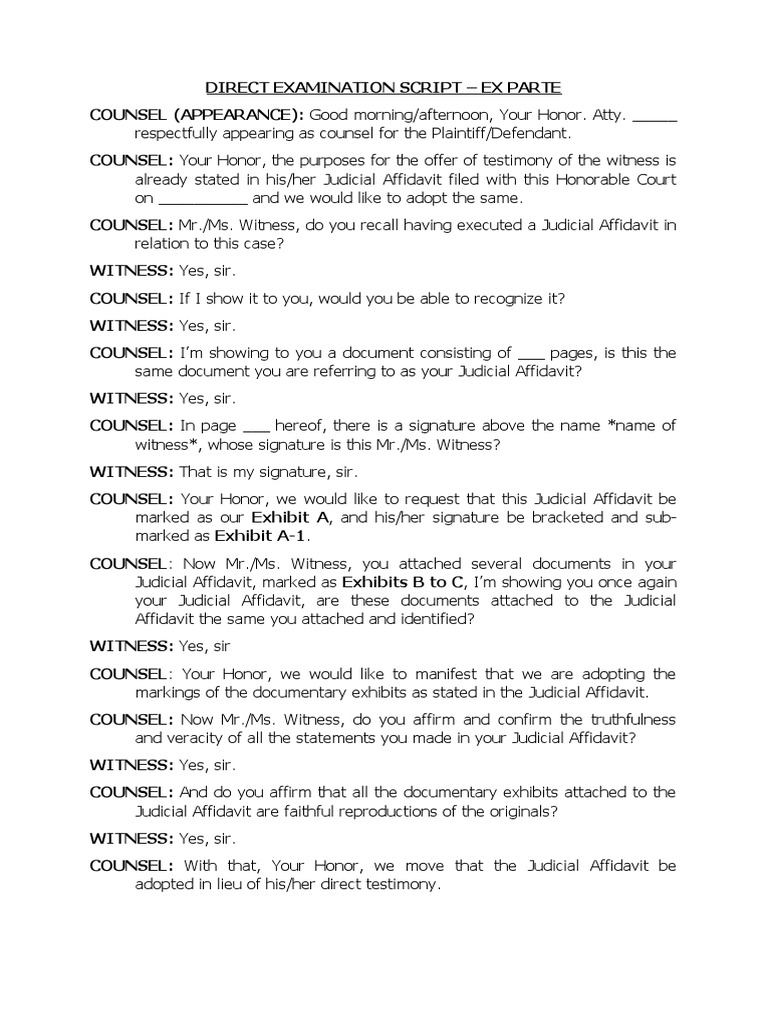 Ex Parte - Direct Examination Script | PDF | Affidavit | Witness