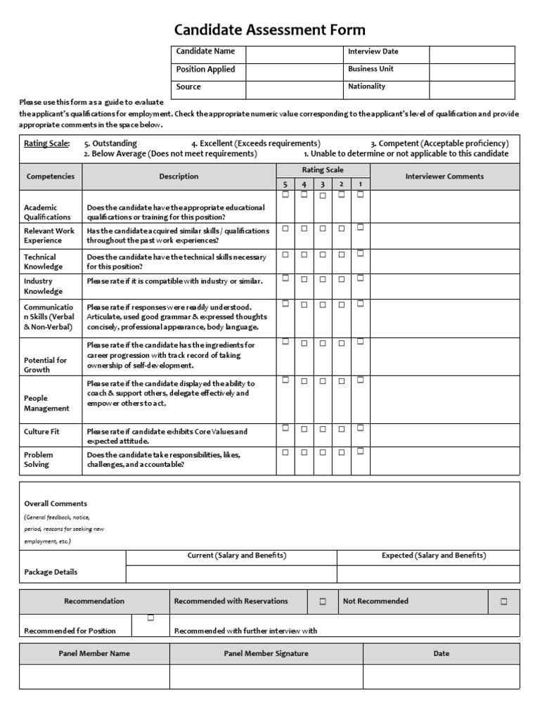 Candidate Assessment Form | PDF | Knowledge | Experience