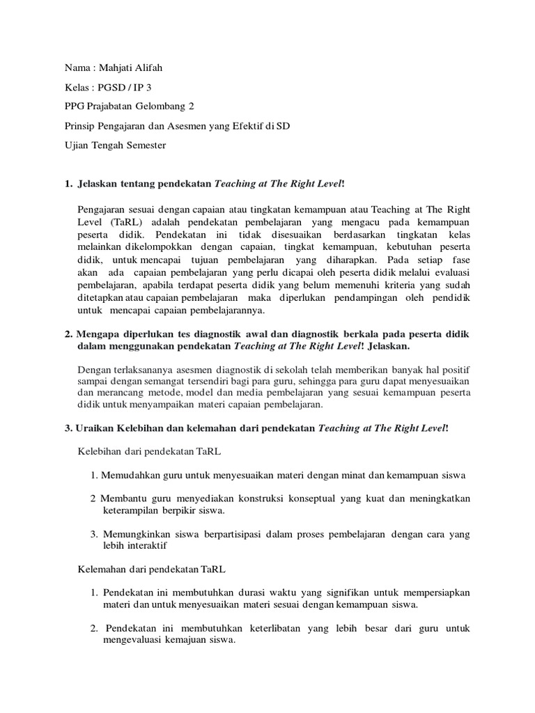 UTS Asesmen 2: Pendekatan TaRL SD | PDF
