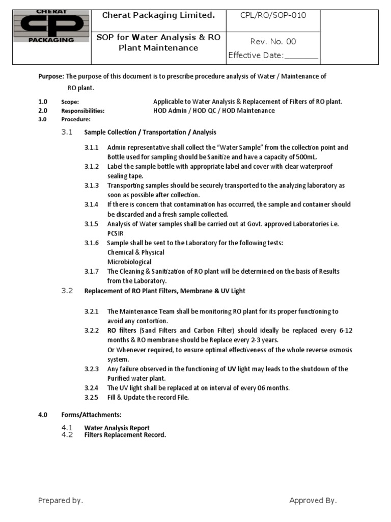SOP For Water Filteration Plant | Download Free PDF | Membrane | Water ...
