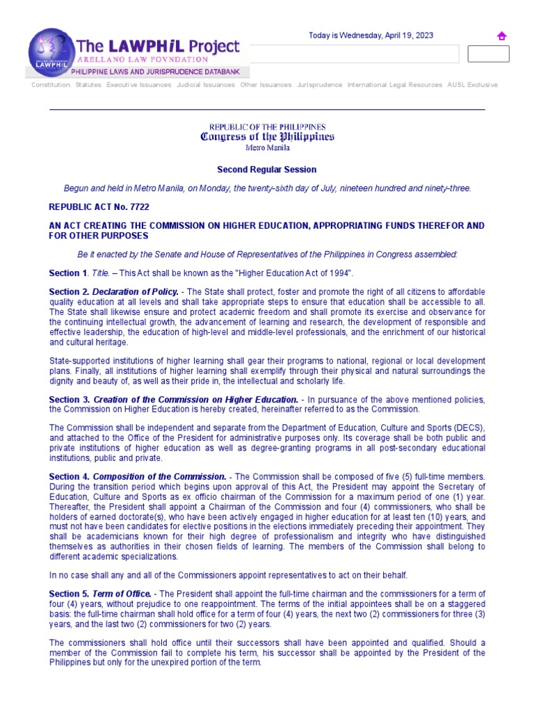 RA 7722 Higher Education Act of 1994 | PDF