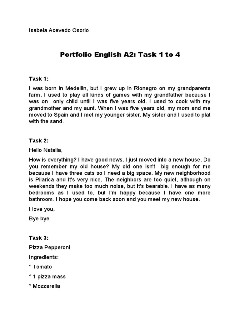 Portfolio English A2-Task 1 To 4 | PDF