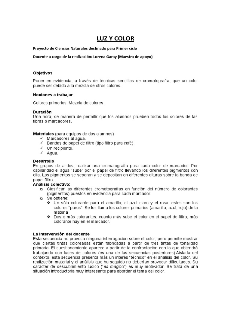 Secuencia para Primer Ciclo Luz y Color | Descargar gratis PDF | Color | Ligero