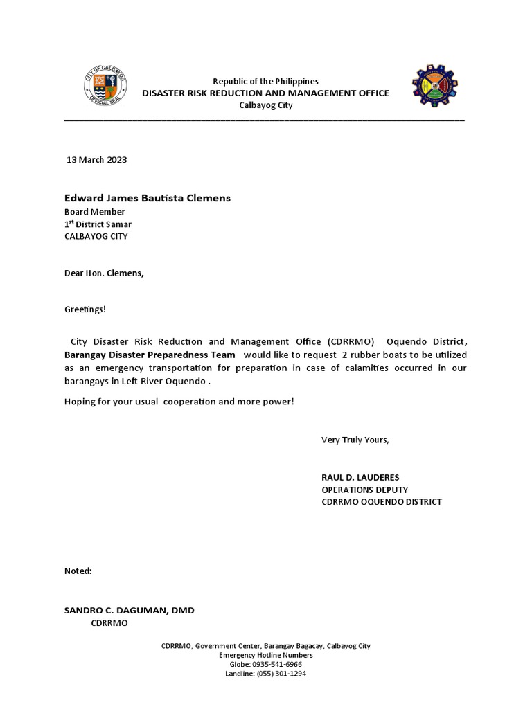Cdrrmo Letter Head Raul Lauderes Rubber Boats | PDF