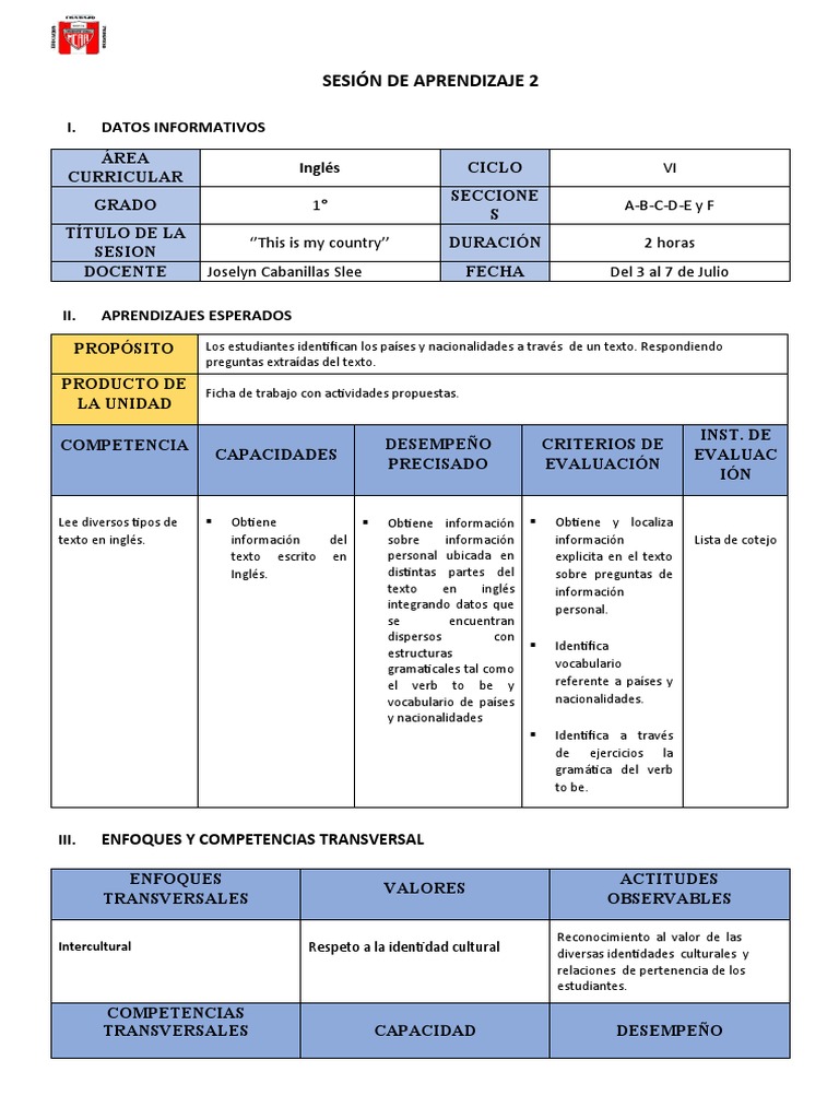 Sesión de Aprendizaje 2 | PDF | Aprendizaje | Evaluación