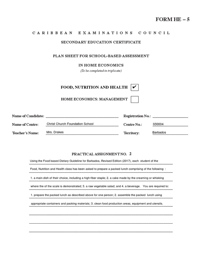 SS2 Food and Nutrition SBA Plan | PDF | Lunch | Vegetables