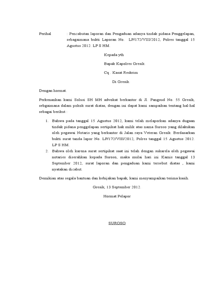 Contoh Surat Pencabutan Laporan Polisi - 120458 | PDF