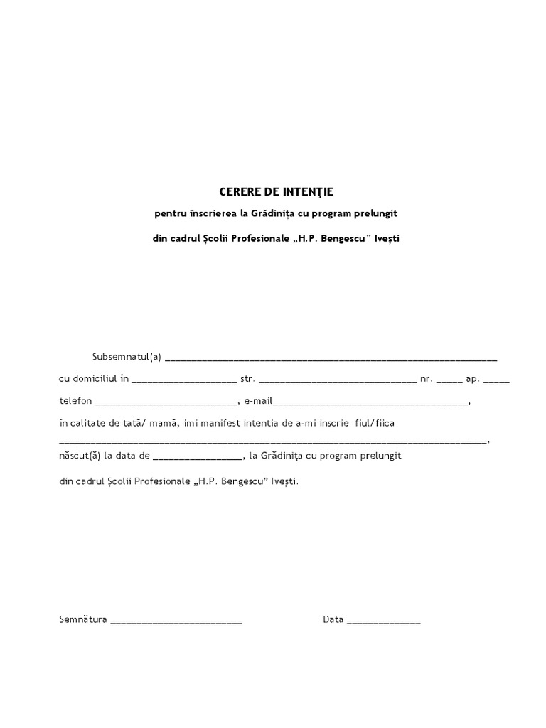 Cerere Intentie Inscriere Gradinita Cu Program Prelungit | PDF
