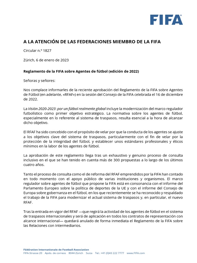 #1827 - FIFA Football Agent Regulations - ES | PDF | Asociación de ...
