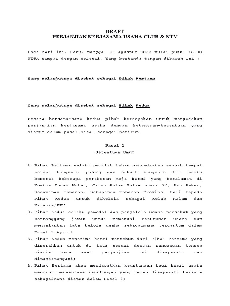 Perjanjian Kerjasama Club & KTV | PDF | Bisnis | Pengelolaan Keuangan & Uang