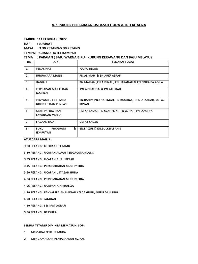 Ajk Kecil Majlis Persaraan PN - Khaliza & Ustazah Huda | PDF
