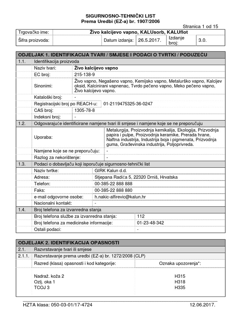 Sigurnosno Tehnicki List Za Zivo Kalcijevo Vapno | PDF