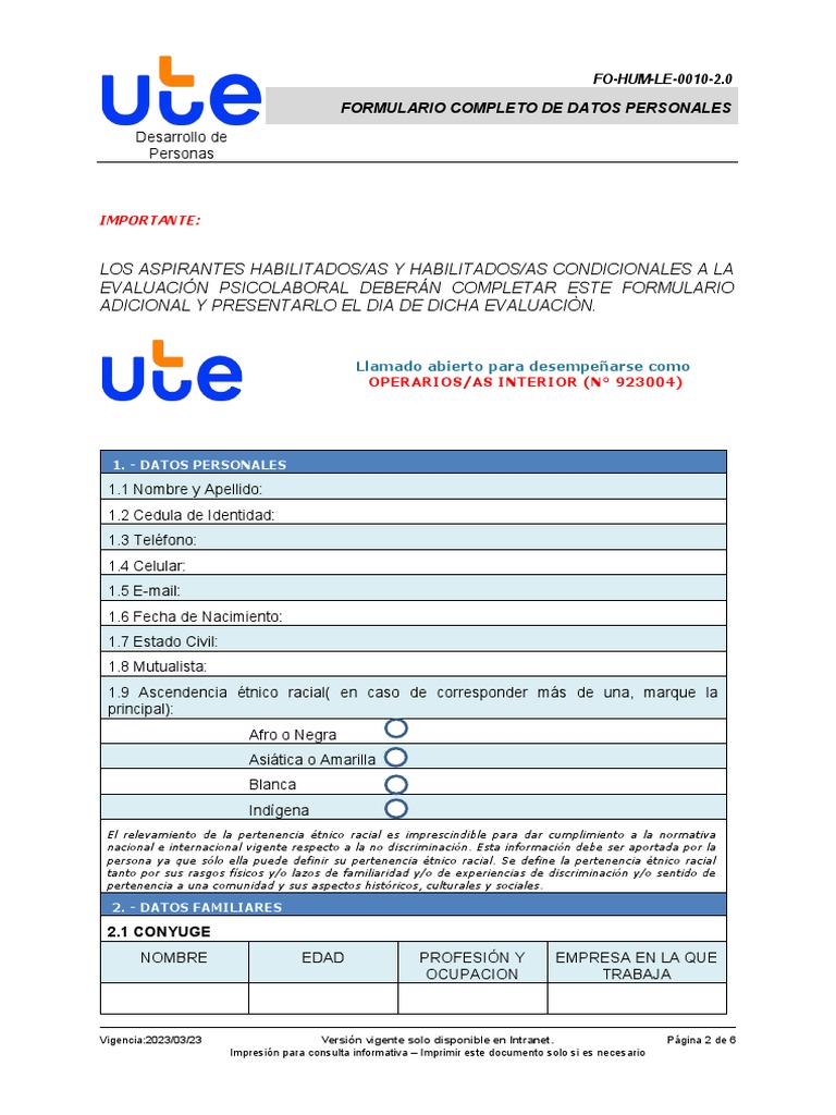 Formulario Datos Personales 2023 | PDF | Crecimiento personal y profesional