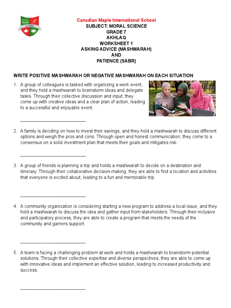 G7 WS 1 Ques On Akhlaq Mashwarah and Sabr | PDF | Brainstorming | Decision Making