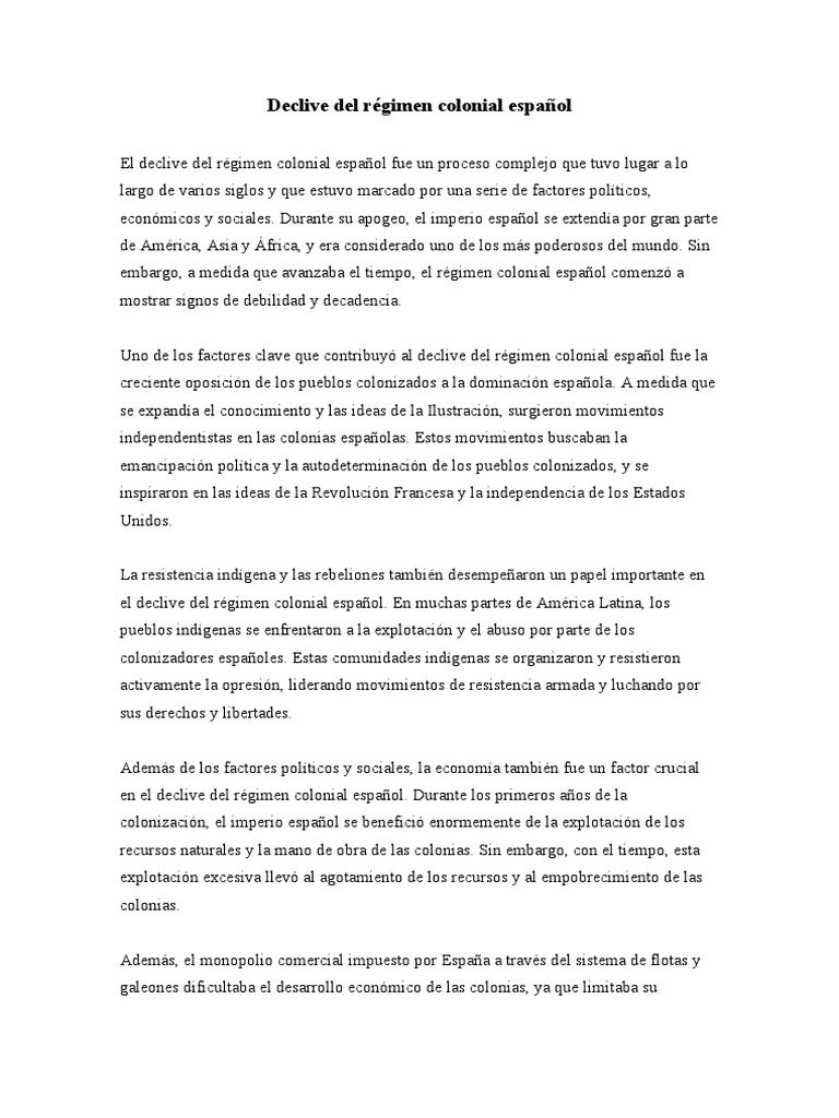 Declive Del Régimen Colonial Español | PDF | Colonialismo | Imperio español