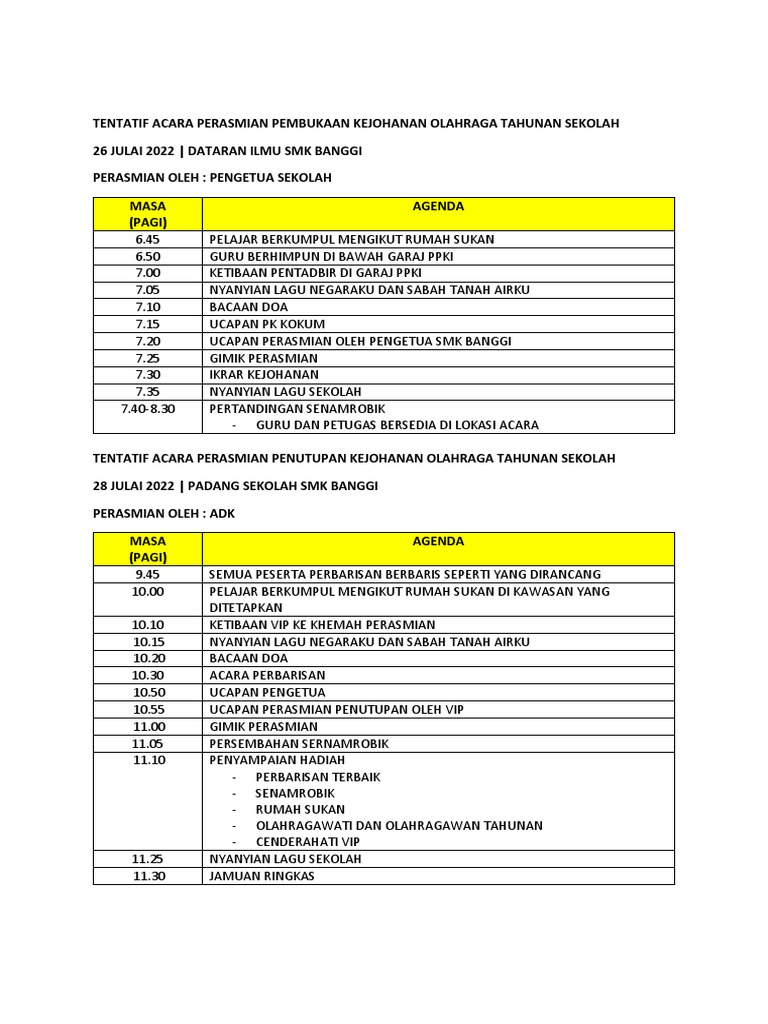 Tentatif Acara Perasmian Olahraga | PDF