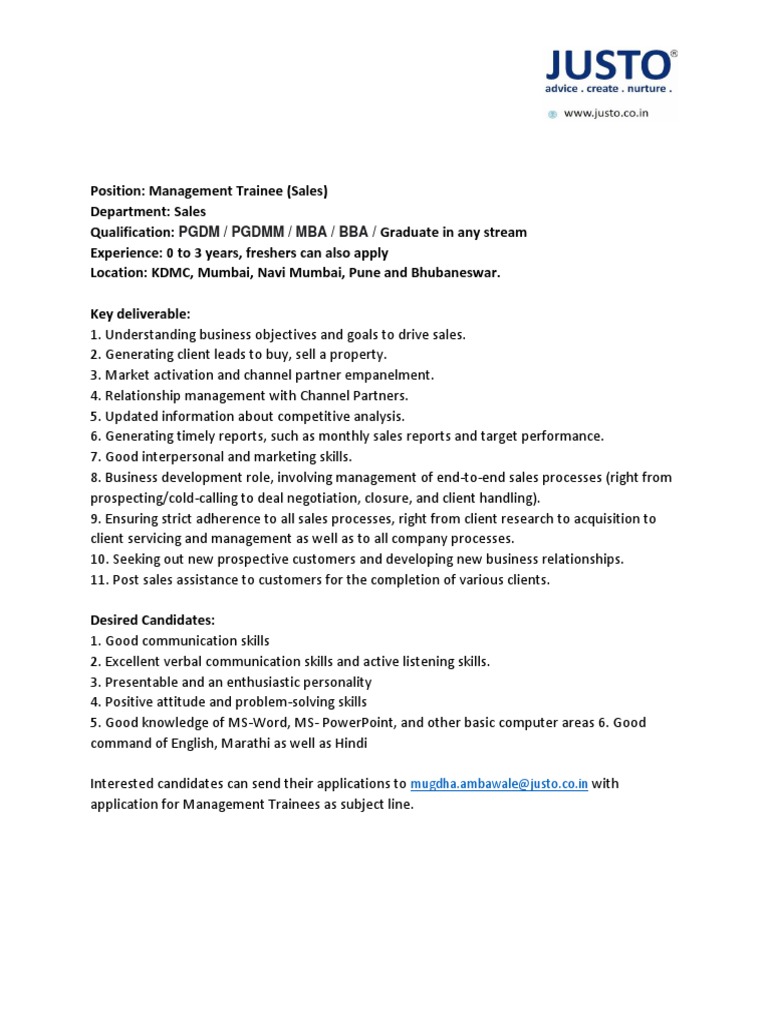 JD - Management Traniee Sales | PDF
