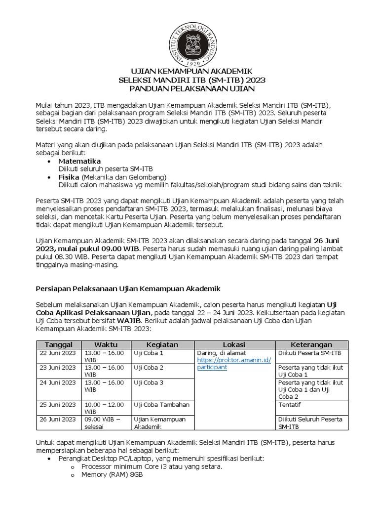 Manual Ujian Kemampuan Akademik SM-ITB | PDF