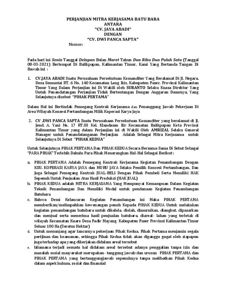 Draf Perjanjian Kerjasama CV Ja Dan DPS 2021 Ok Revisi | PDF
