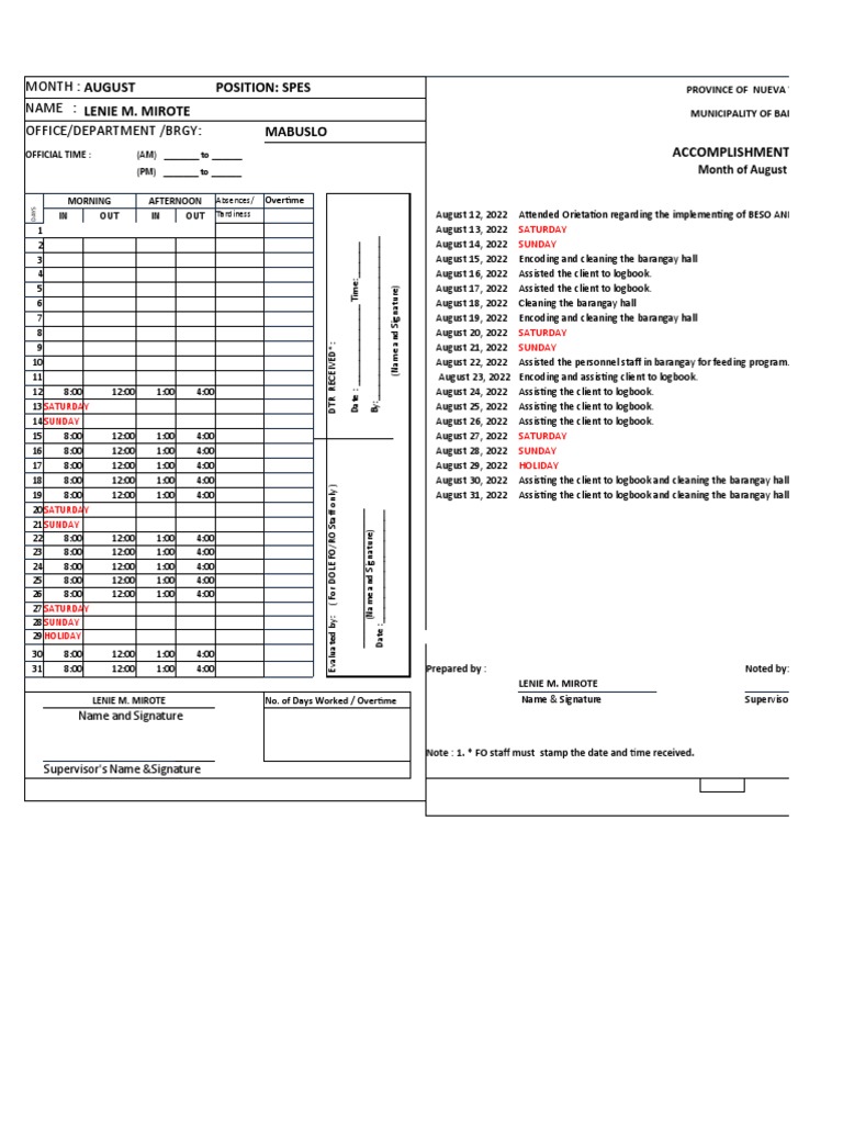 Position: Spes Mabuslo Accomplishment Report: Month: August Name: Lenie M. Mirote Office ...