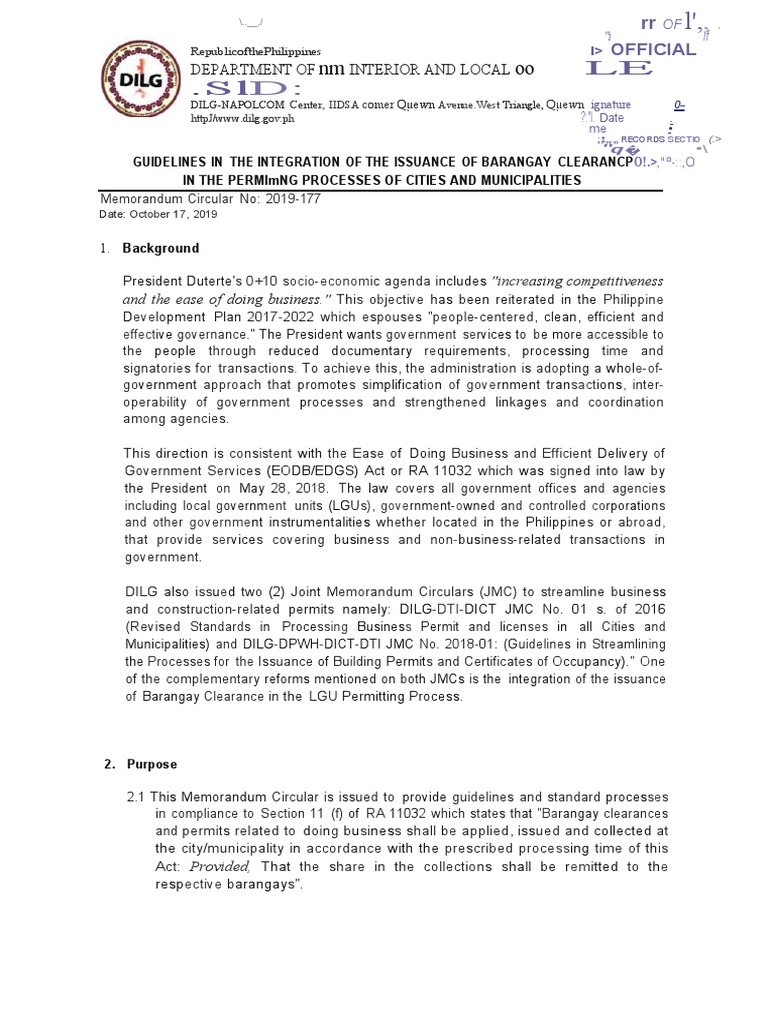 DILG MC 2019 177 - Barangay Clearance 1 | PDF | Business | Zoning