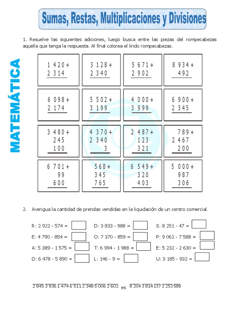 Ficha Sumas Restas Multiplicaciones y Divisiones para Cuarto de ...