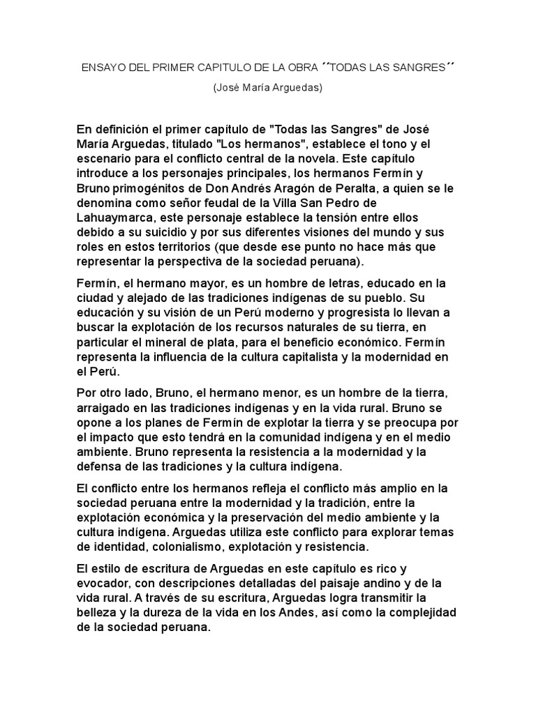 Ensayo de La Obra TODAS LAS SANGRES Del Autor Jose Maria Arguedas ATAY ... Ensayo de La Obra TODAS LAS SANGRES Del Autor Jose Maria Arguedas ATAY ...