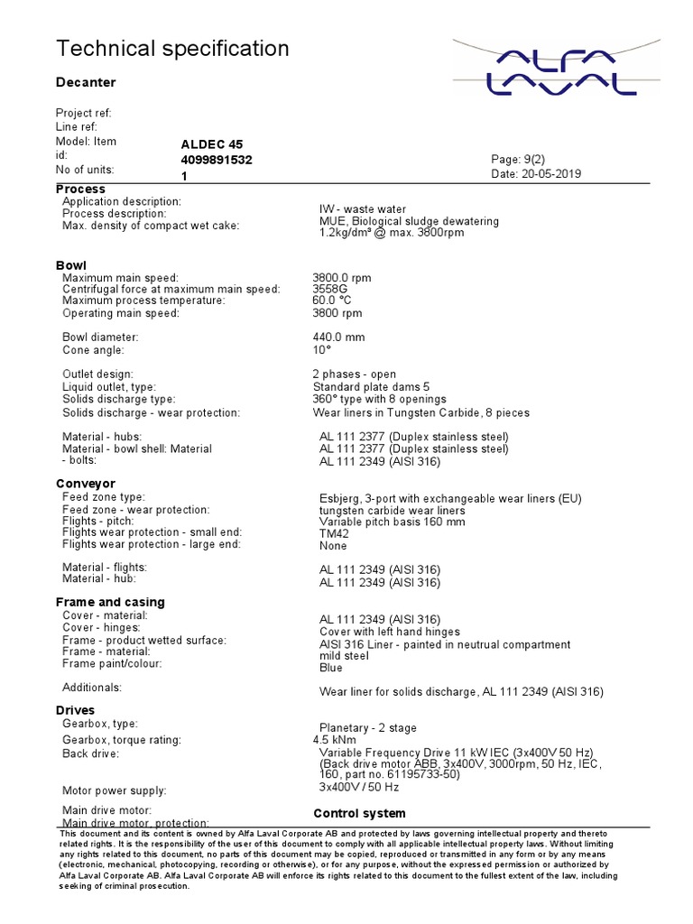Alfa Laval Aldec 45 Technical Sheet | PDF | Materials | Mechanical ...