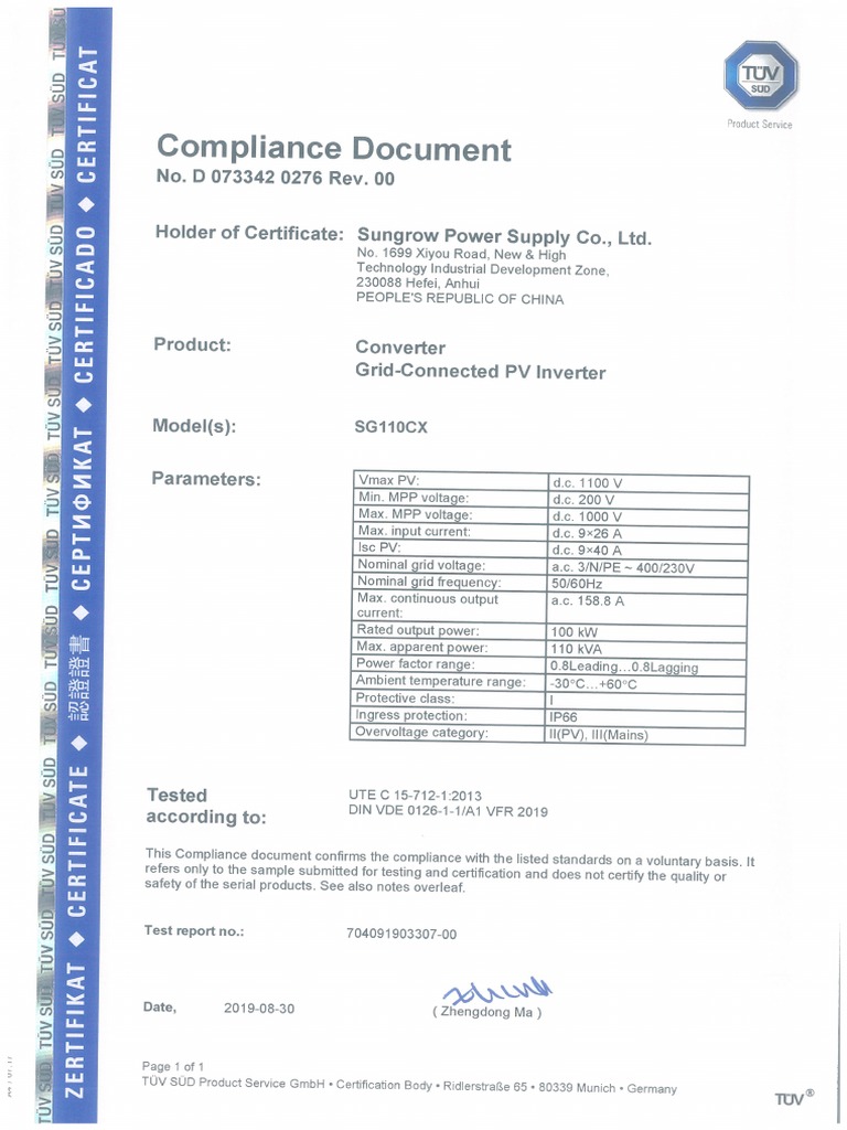 FR CE SG110CX UTE C15_712 & VDE 0126VFR Certificate (English) | PDF