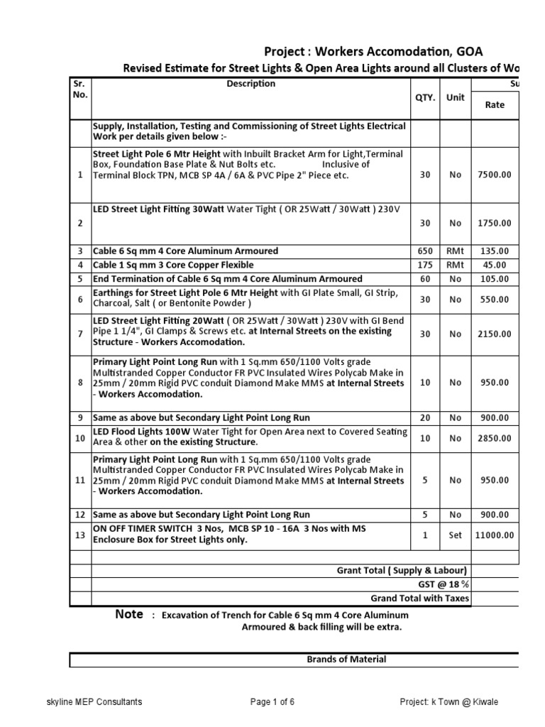 Revised Estimate Street Lights For Workers Accomodation at Goa - 15 MAY 2023 | PDF | Components ...