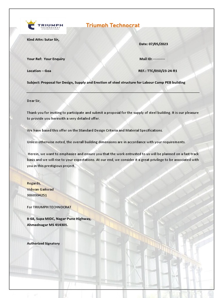 010-QUOTATION of PEB Building - Labour Camp Goa-R1 | PDF | Screw | Receipt