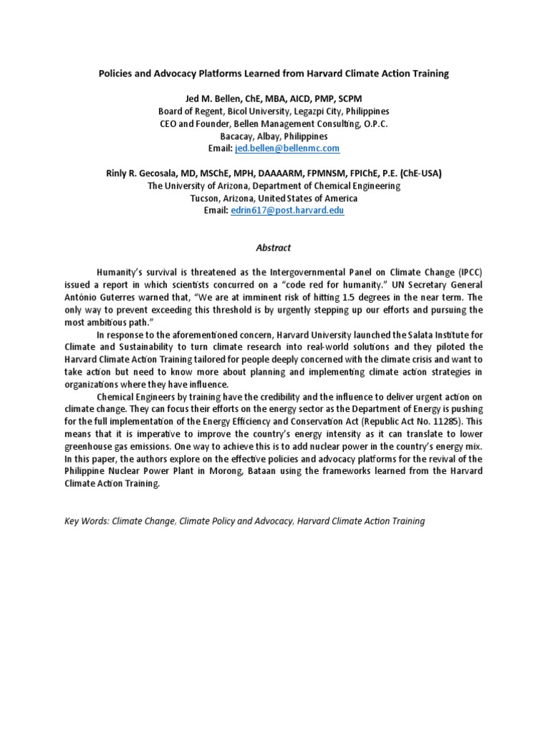 Policies and Advocacy Platforms Learned From Harvard Climate Change Training | PDF | Climate ...
