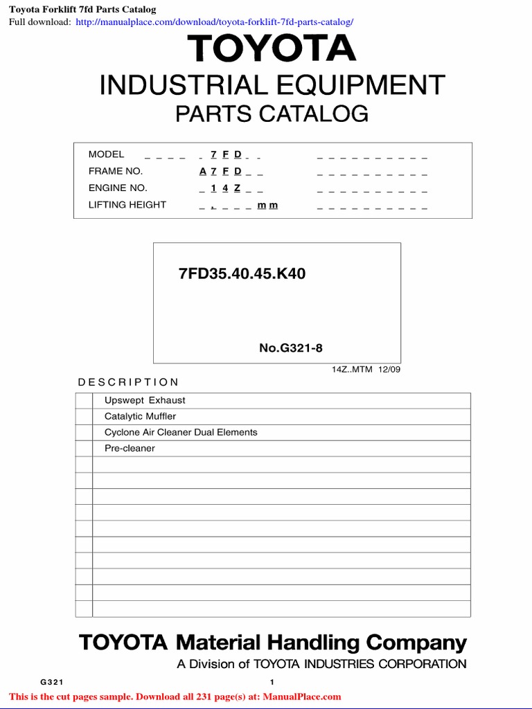 Toyota Forklift 7fd Parts Catalog | PDF