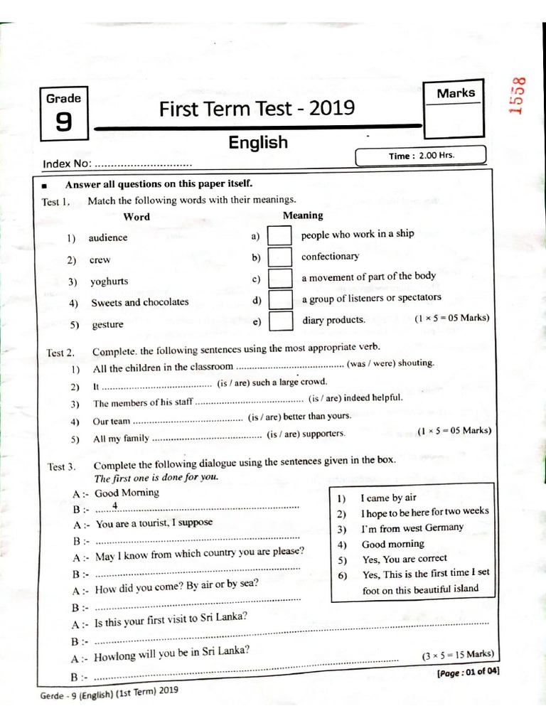 1 English Grade 9 - First Term Test Paper 2019 - New | PDF