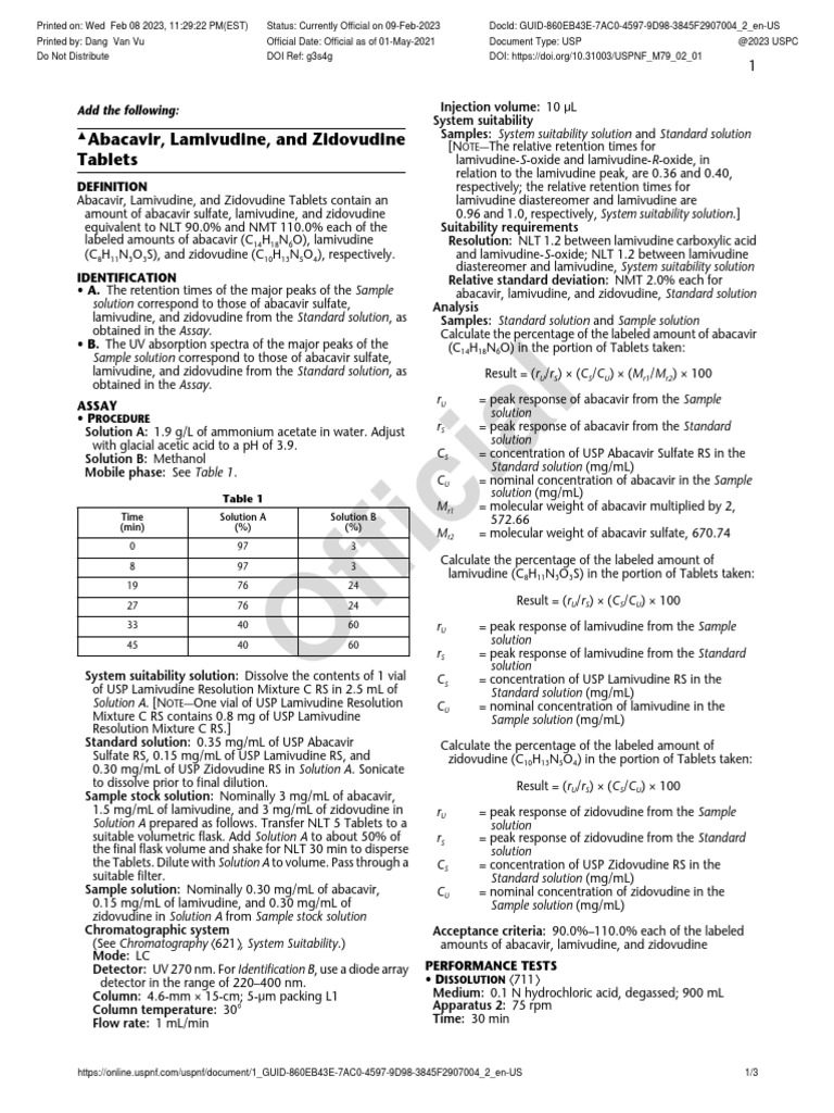 Abacavir, Lamivudine and Zidovudine Tablets | PDF | Concentration | Chromatography