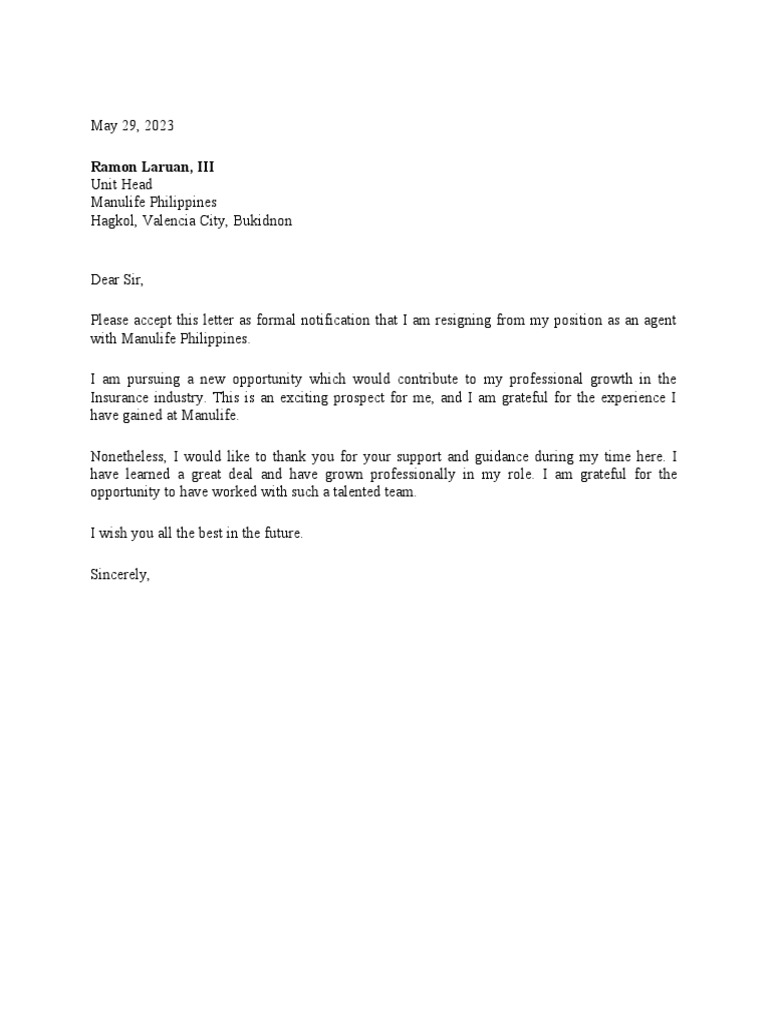Resignation Letter from Insurance Agent | PDF