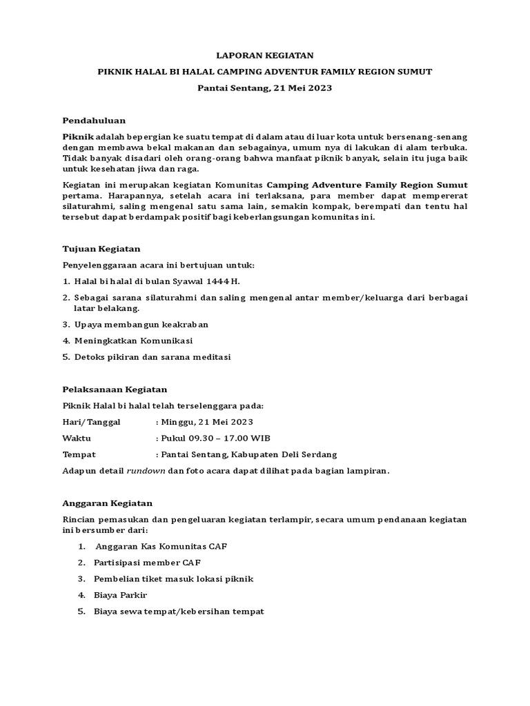 Laporan Kegiatan Piknik 2023 | PDF