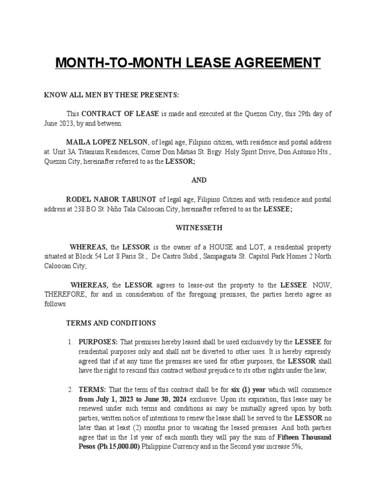 Month To Month Residential Rental Lease Agreement | PDF