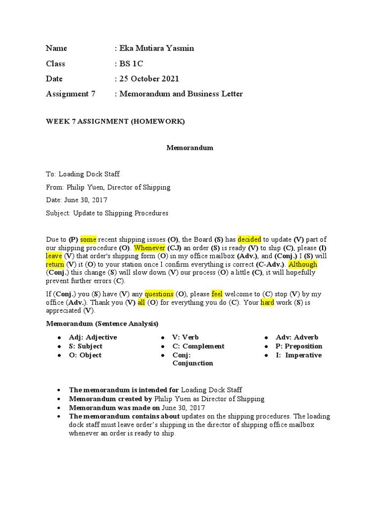 Assignment 7 Memorandum and Business Letter | PDF | Verb | Noun