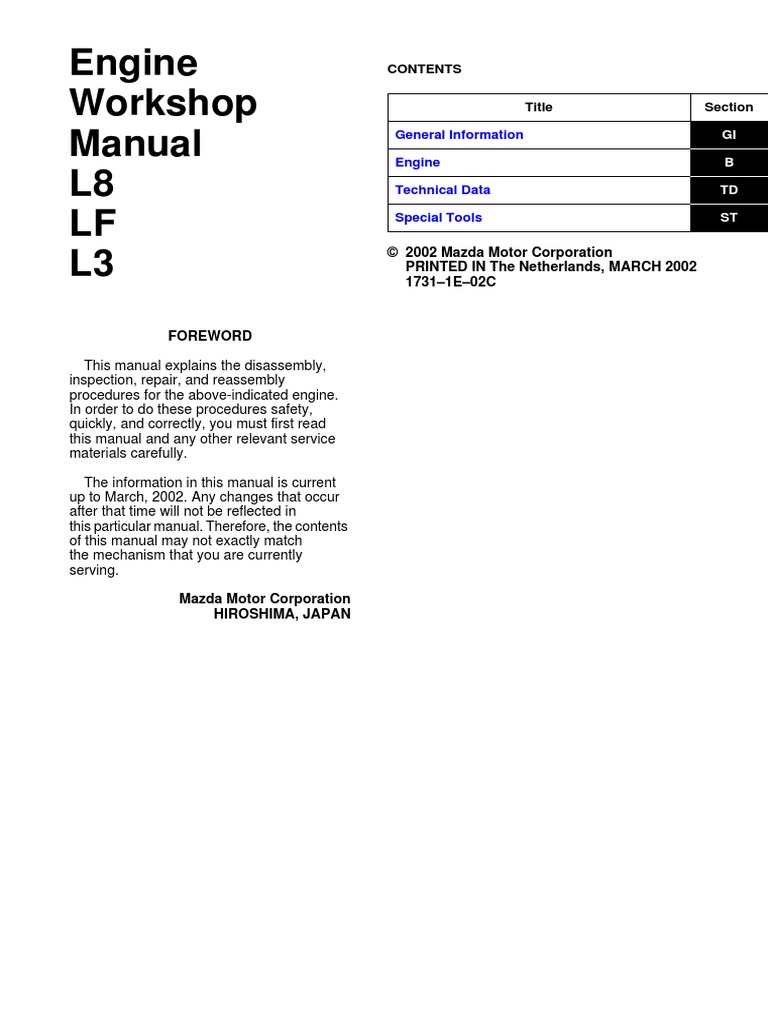 Mazda 2002 Engine l8 LF l3 Workshop Manual | PDF | Kilogram | Pascal (Unit)