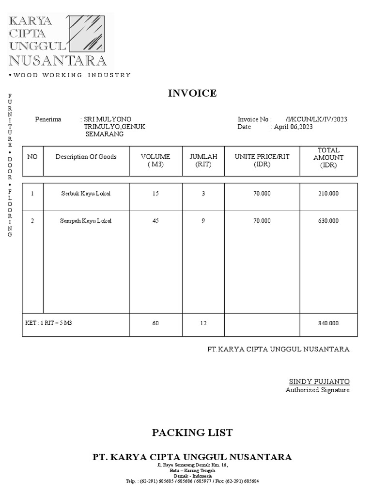 Invoice Pembelian Kayu Lokal IDR 840.000 | PDF