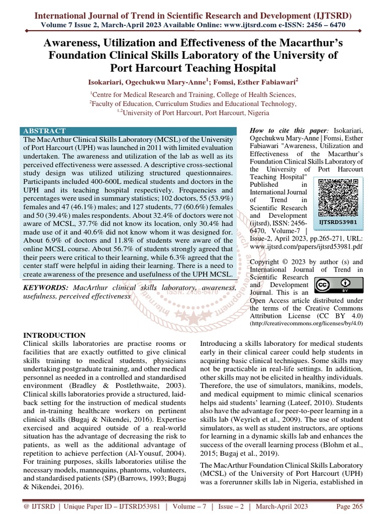 Awareness, Utilization and Effectiveness of The Macarthur's Foundation Clinical Skills ...
