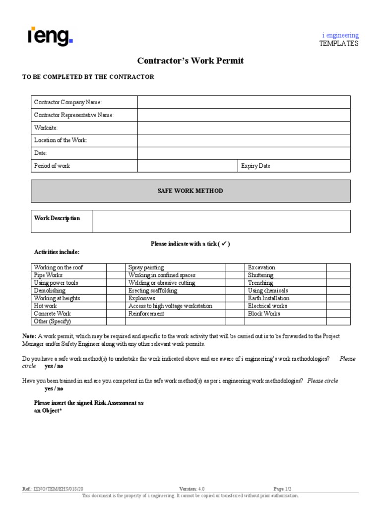 TEM EHS 018 - Contractor's Work Permit | PDF | Employment | Safety
