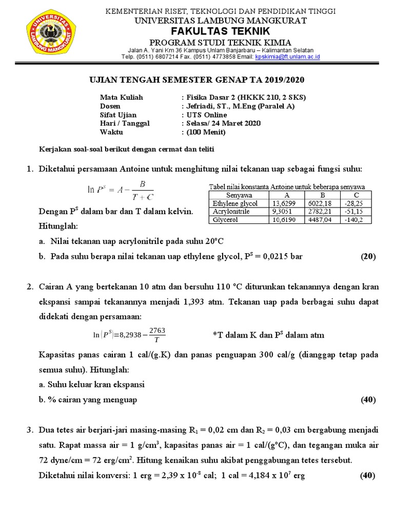 Soal UTS Fisika Dasar 2 Genap 2020 A | PDF