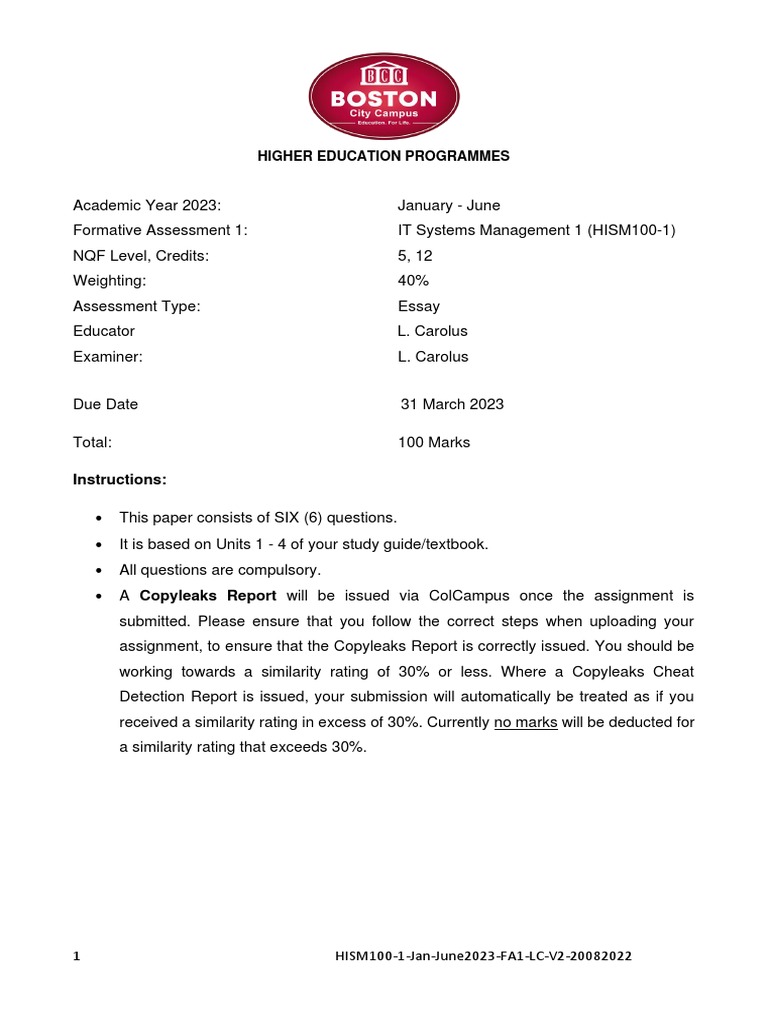 Boston City Campus Formative Assessment 1 IT Systems Management 1 ...