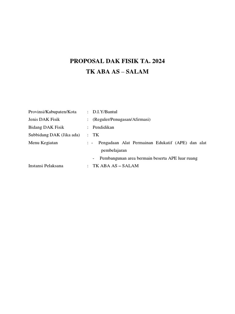 Proposal DAK Fisik TK ABA AS 2024 | PDF
