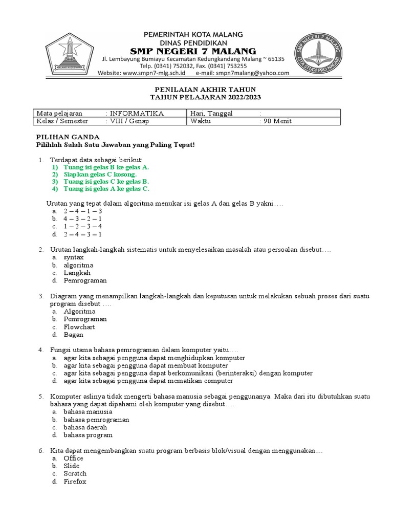 Soal PAT INFORMATIKA 8 Genap 22-23 | PDF