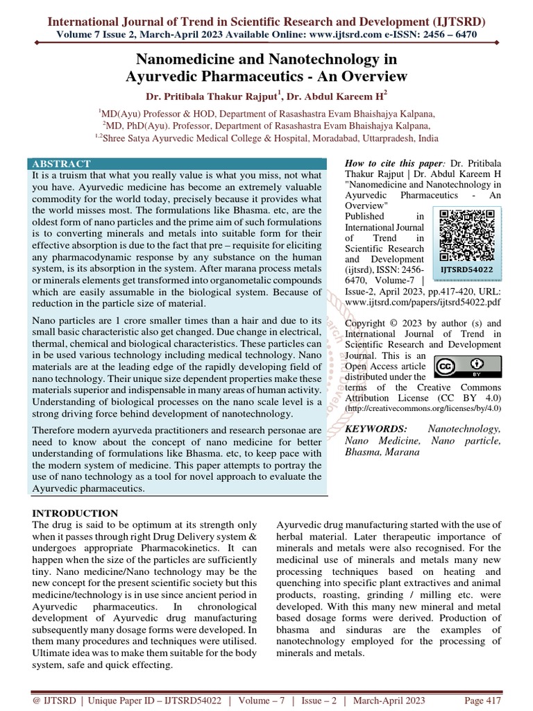 Nanomedicine and Nanotechnology in Ayurvedic Pharmaceutics An Overview ...